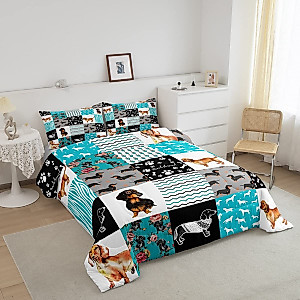 Cute Dachshund Comforter Set for Kids Boys Girls,Lovely Puppy Pet Bedding Twin Size,Kawaii Dog Paw Quilt for Dog Lover,Farmhouse Flower Animal Duvet Insert with 1 Pillowcase Home Room Decor