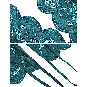 Women One Piece Lingerie Lace Baby Dolls Teddy Deep V neck Halter Bodysuit Chemise Sleepwear (Dark turquoise, XL)