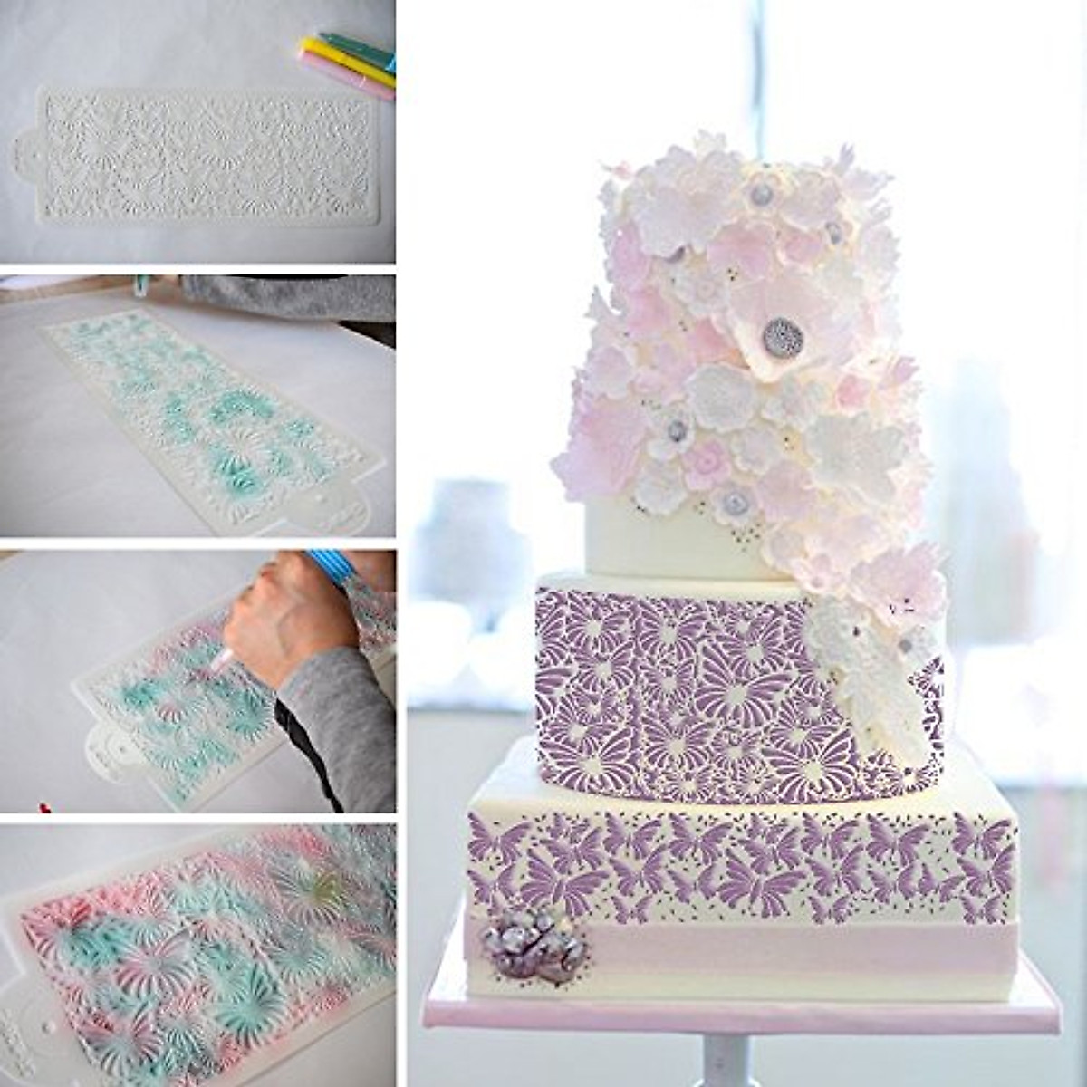 ART Kitchenware 3pcs/set Butterflies Stencil for Cake Side Decoration Fondant Wedding Cake Decorating Stencil Mold Icing Royal Stencil Tool ST-828 Beige/Semi-Transparent