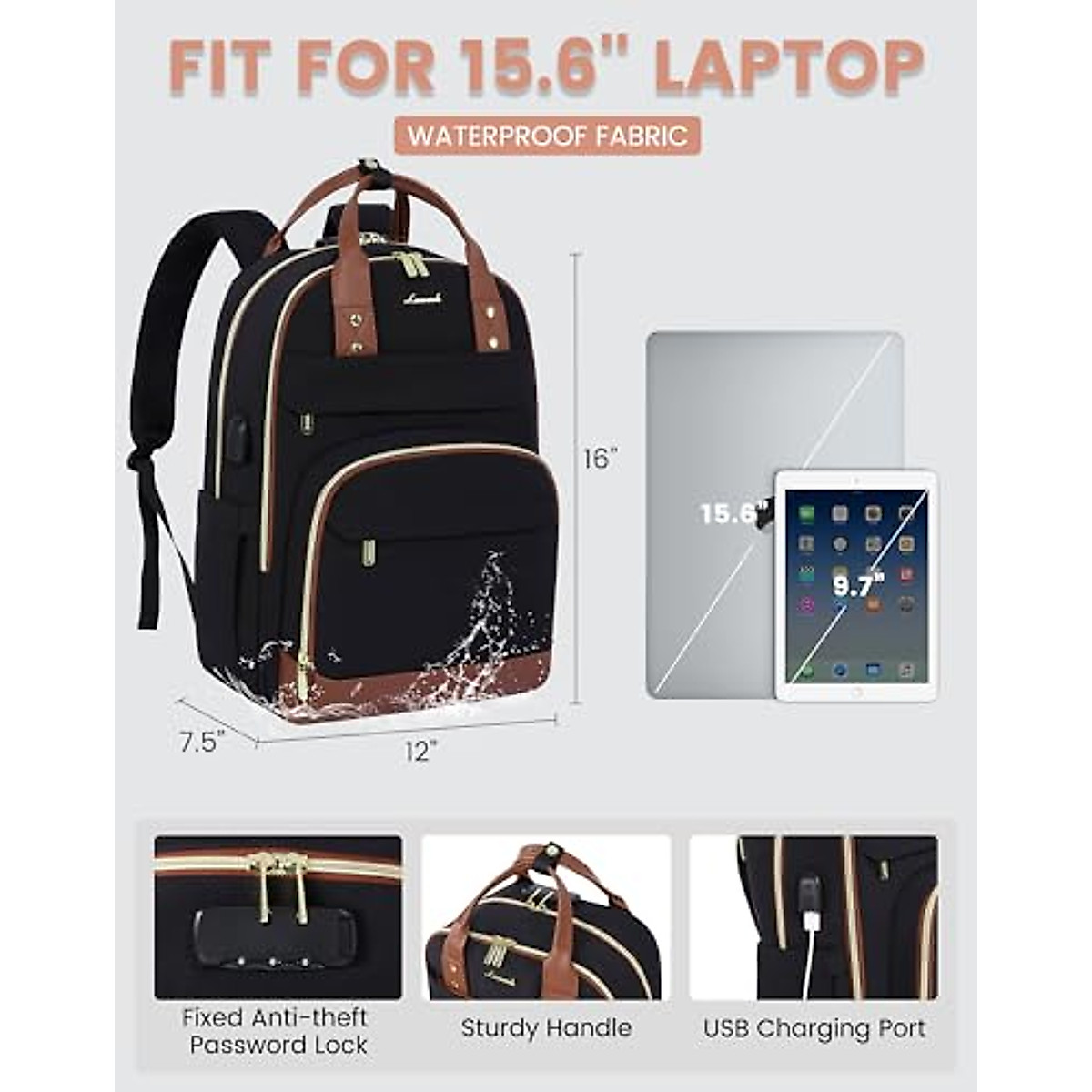 LOVEVOOK Laptop Backpack for Women, Large Capacity Travel Work Bags, Anti-theft Business Computer Backpacks Purse with 15.6 Inch Laptop Compartment, Casual Hiking Daypack, Black-Brown