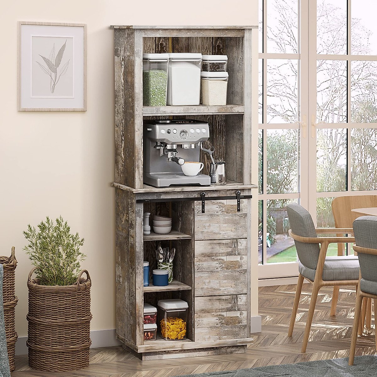 HOMCOM Freestanding Rustic Kitchen Buffet with Hutch, Pantry Storage Cabinet with Sliding Barn Door, Adjustable Shelf, Vintage Wood