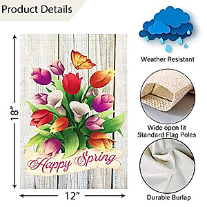 Louise Maelys Happy Spring Garden Flag 12x18 Double Sided, Burlap Small Vertical Floral Flower Garden Yard Flags for Seasonal Outside Outdoor House Decoration (ONLY FLAG)