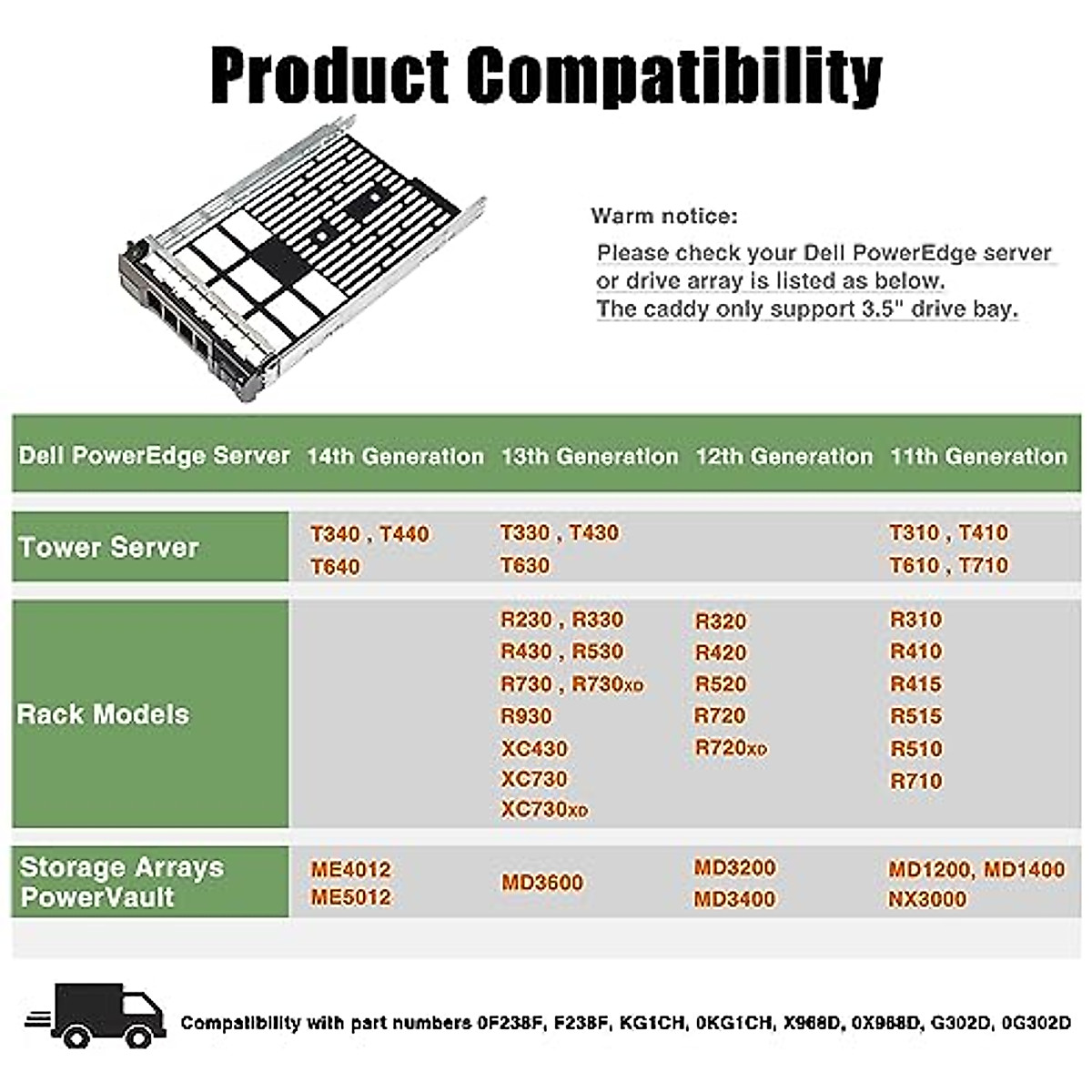 3.5" F238F SAS SATA SATAu Hard Drive Caddy Tray, Compatible with DELL PowerEdge R710 R610 R515 R510 R415 R410 R320 R310 T710 T610 Part Number: 0F238F F238F X968D 0X968D G302D 0G302D