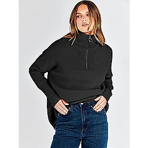 ANRABESS Women's Sweater Oversized Quarter Zipper Casual Long Sleeve Collar High Neck Ribbed Knit Loose Fit Half Zip Tunic Pullover 2023 Fashion Fall Outfits Tops 802heise-XL Black