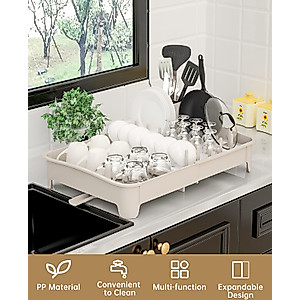 Outlet Dish Drying Rack - Large Adjustable Dish Rack Expandable Plastic Dish Drainer for Kitchen Counter with Utensil Holders, Detachable Space Saving Kitchen Organizer for Bowls Plates (Apricot)