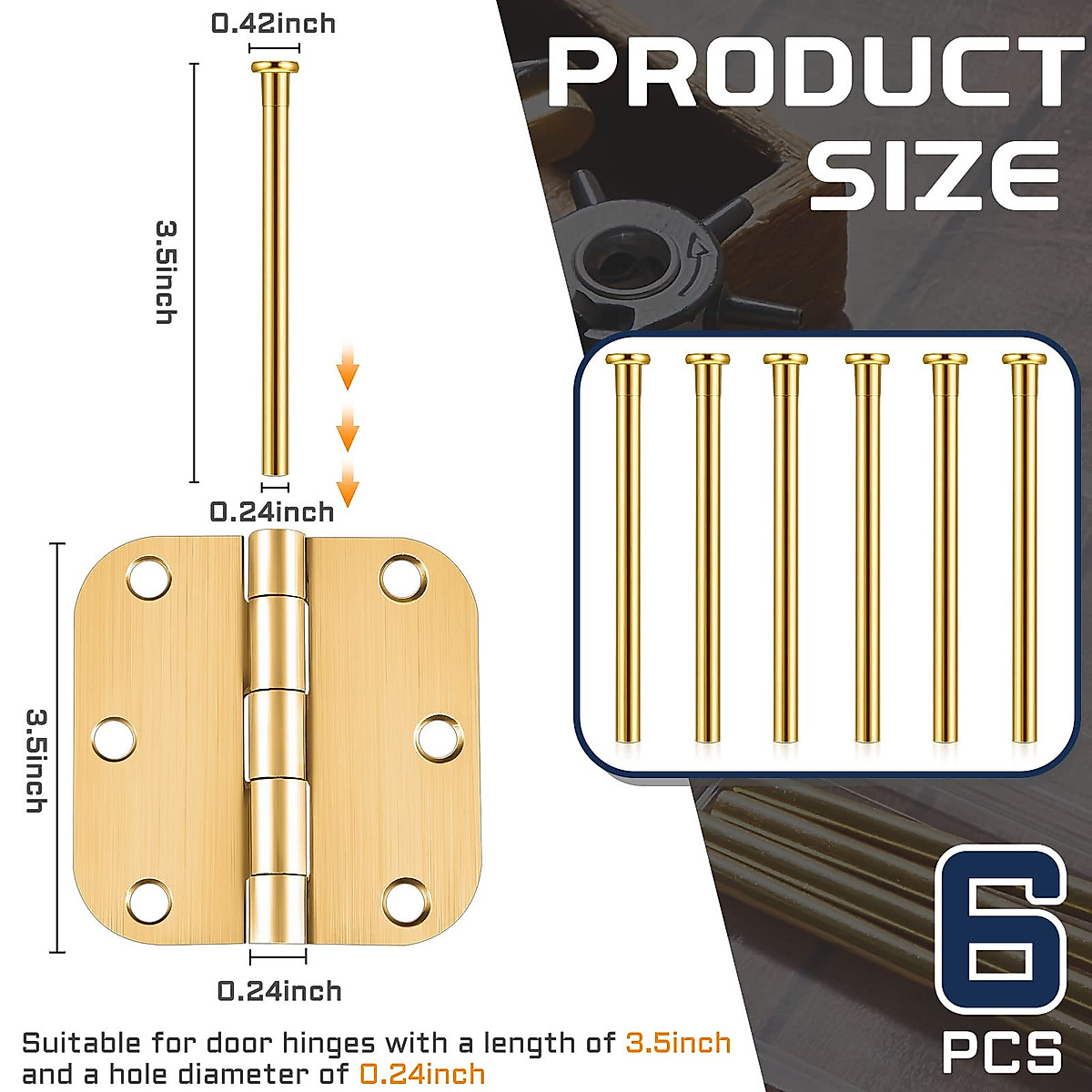 Ferraycle 6 Pack Hinge Pins for Doors 3.5 Inches Hinge Pin Oil Rubbed Bronze Door for Interior Security Replacement(Gold)