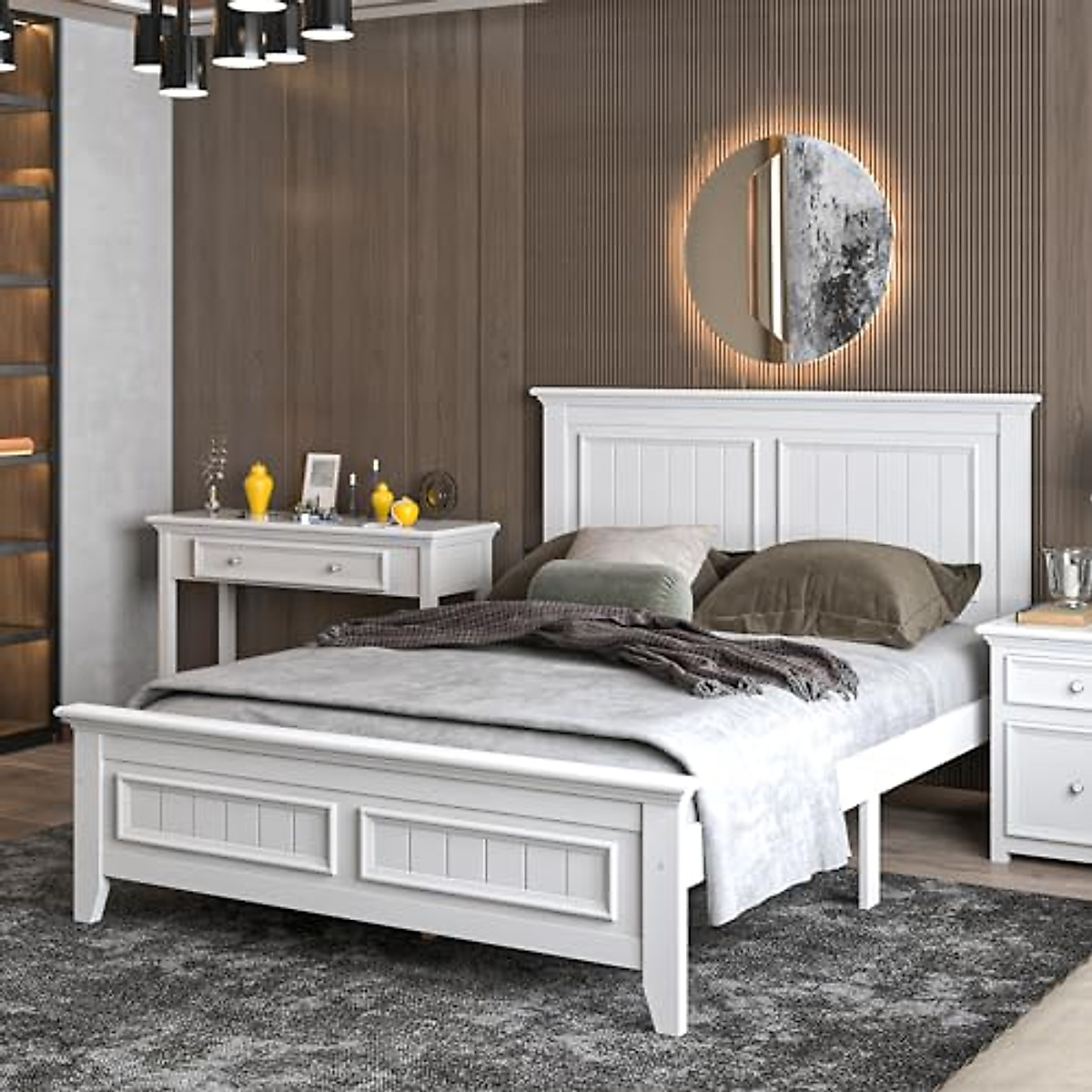 Modern Queen Size Platform Bed with Headboard ,Solid Wood Queen Bed Frame with Embellish Details,Bolivar Series Design,Country Queen Bed with Wooden Slat Support for Bedroom, White
