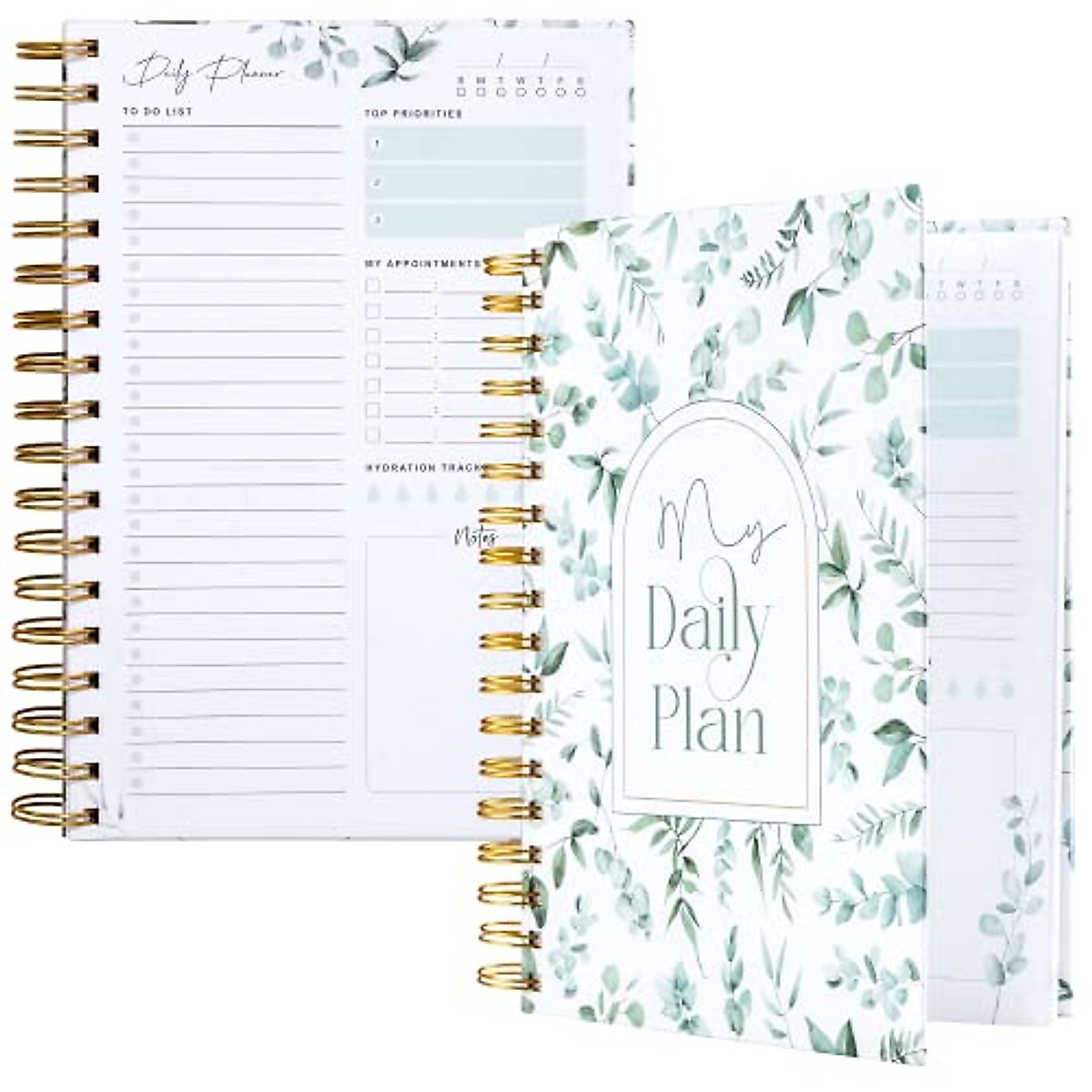 Daily Planner with Spiral Binding,6x9 Inches Undated Planner (To Do List),Greenery Design Daily To Do Planner, Habit Trackers, Time Management and Productivity Organizer