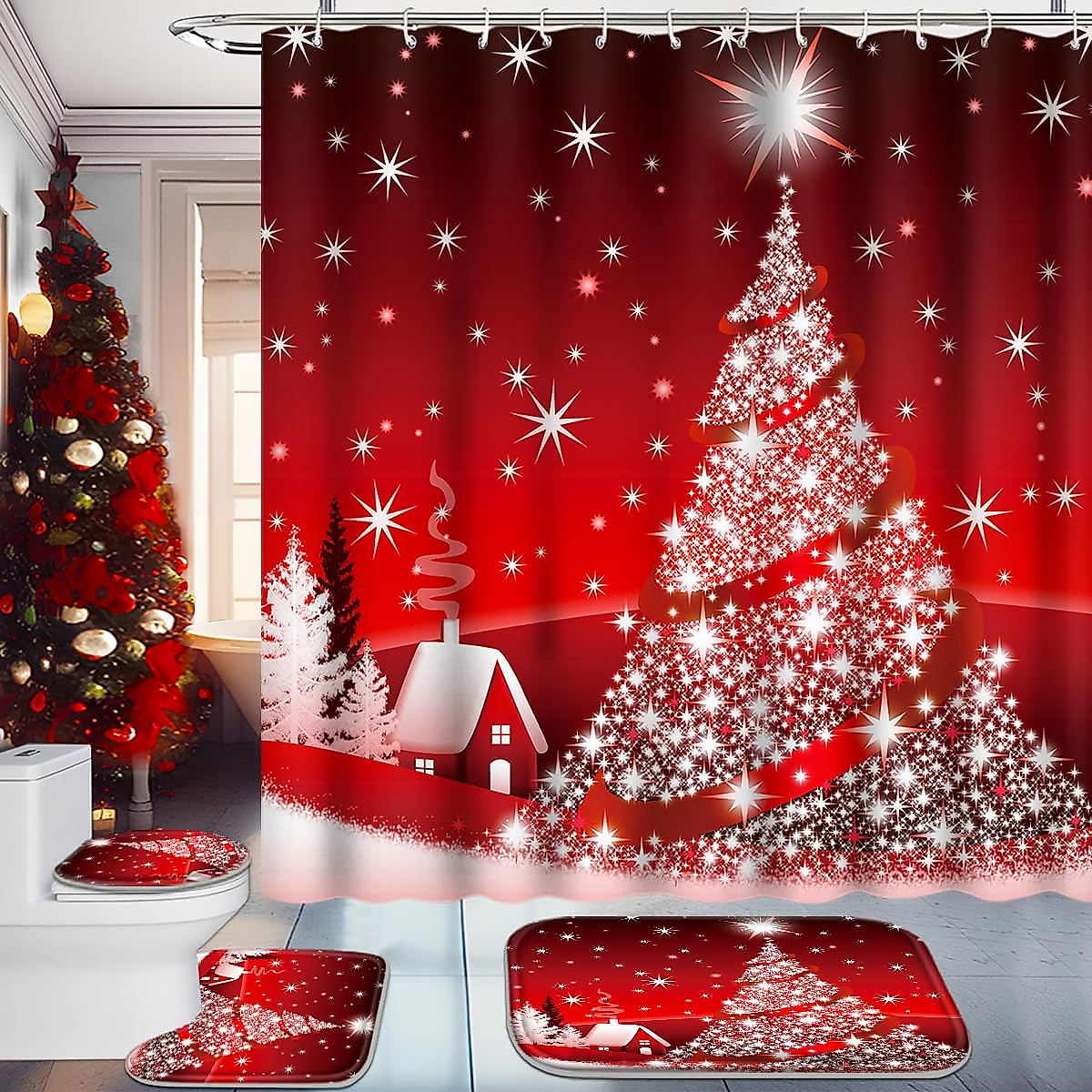 Poedist 4 Pcs Christmas Bathroom Decor Set,Christmas Shower Curtain Sets, Xmas Shower Curtain Sets with Rugs(Bath Mat,U Shape and Toilet Lid Cover Mat) and 12 Hooks,Christmas Tree