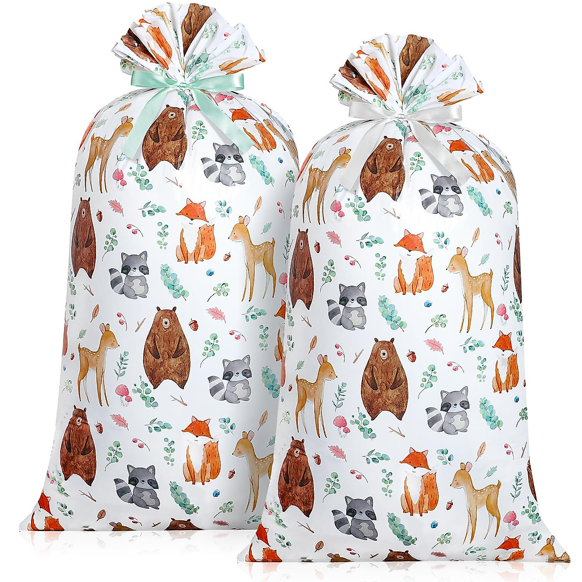 Ctosree 2 Pcs 70" x 40" Large Jumbo Gift Bag for Giant Gifts Woodland Animal Oversize Wrapping Bags with 2 Rolls Ribbons for Birthday Christmas Party(Animal)