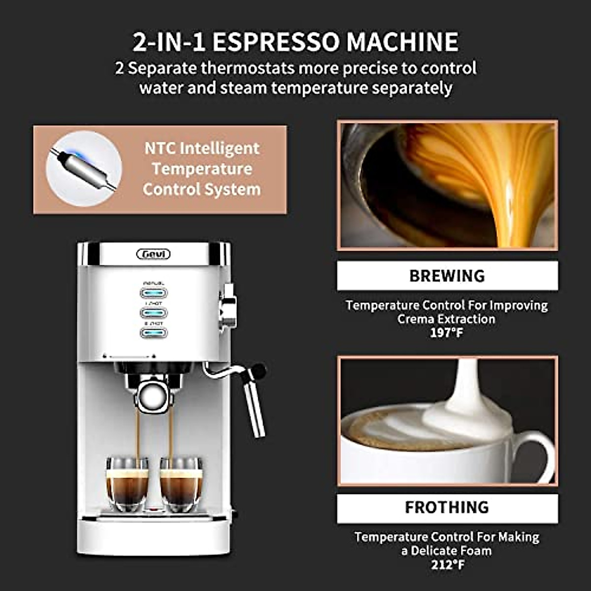 Gevi Espresso Machines 20 Bar Fast Heating Automatic Cappuccino Coffee Maker with Foaming Milk Frother Wand for Espresso, Latte Macchiato, 1.2L Removable Water Tank, 1350W, White