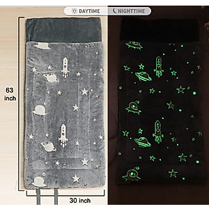 Grey Kids Sleeping Bags for Boys Girls Glow in The Dark Stars Space Slumber Bag Super Soft Nap Mat for Daycare Sleepovers | with Zipper Pillow Pocket and Carrying Bag