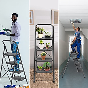 4 Step Ladder, Alohappy Folding Step Stool with Wide Anti-Slip Pedal, 500 lbs Sturdy Steel Ladder with Handgrip, Lightweight Portable Steel Step Stool for Household, Kitchen, Office Step Ladder (Grey)