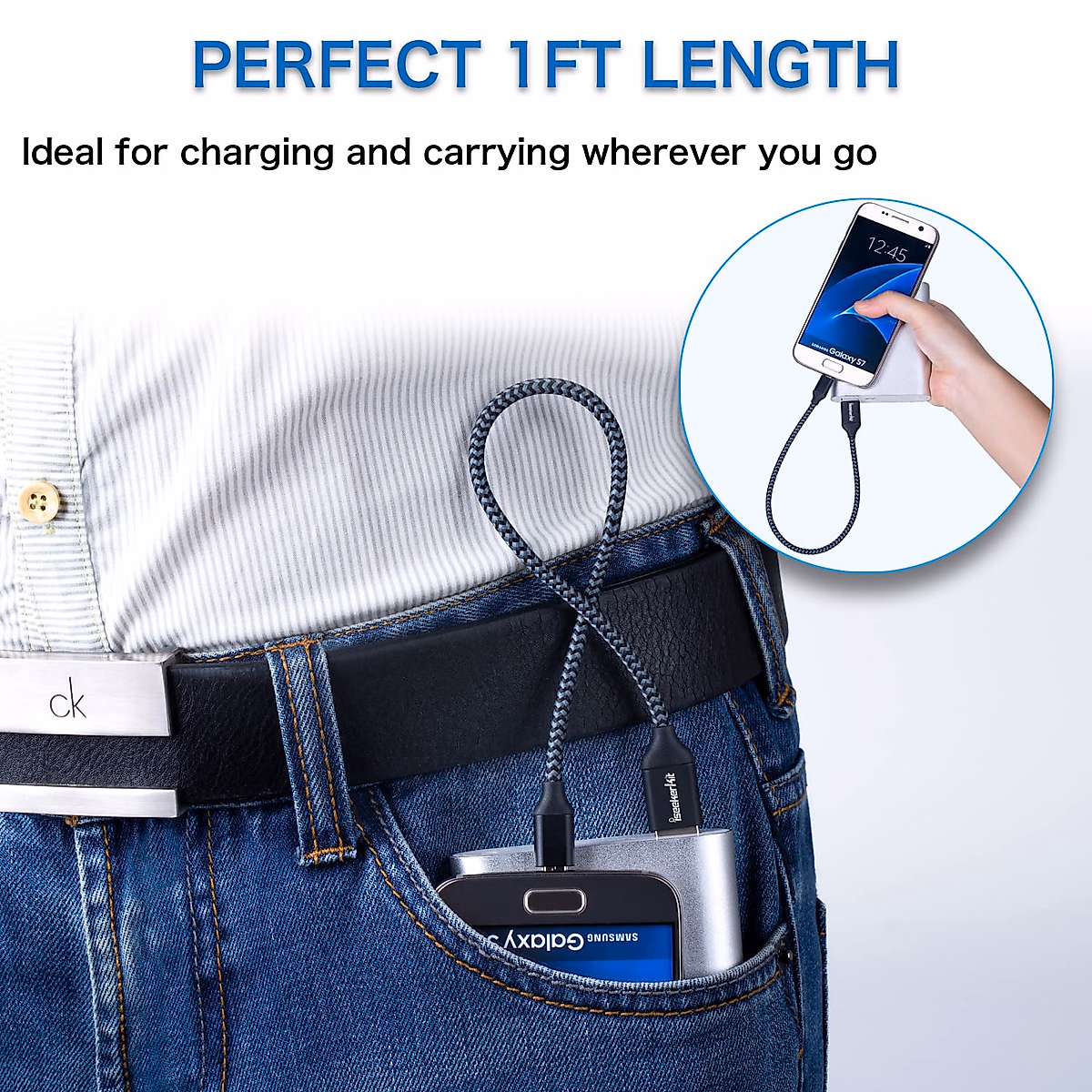 iSeekerKit Short Micro USB Cable 1Ft Nylon Braided Fast USB Charging Cord Compatible for External Battery Charger, Samsung, HTC, LG, Android and More [3 Pack] (Black)