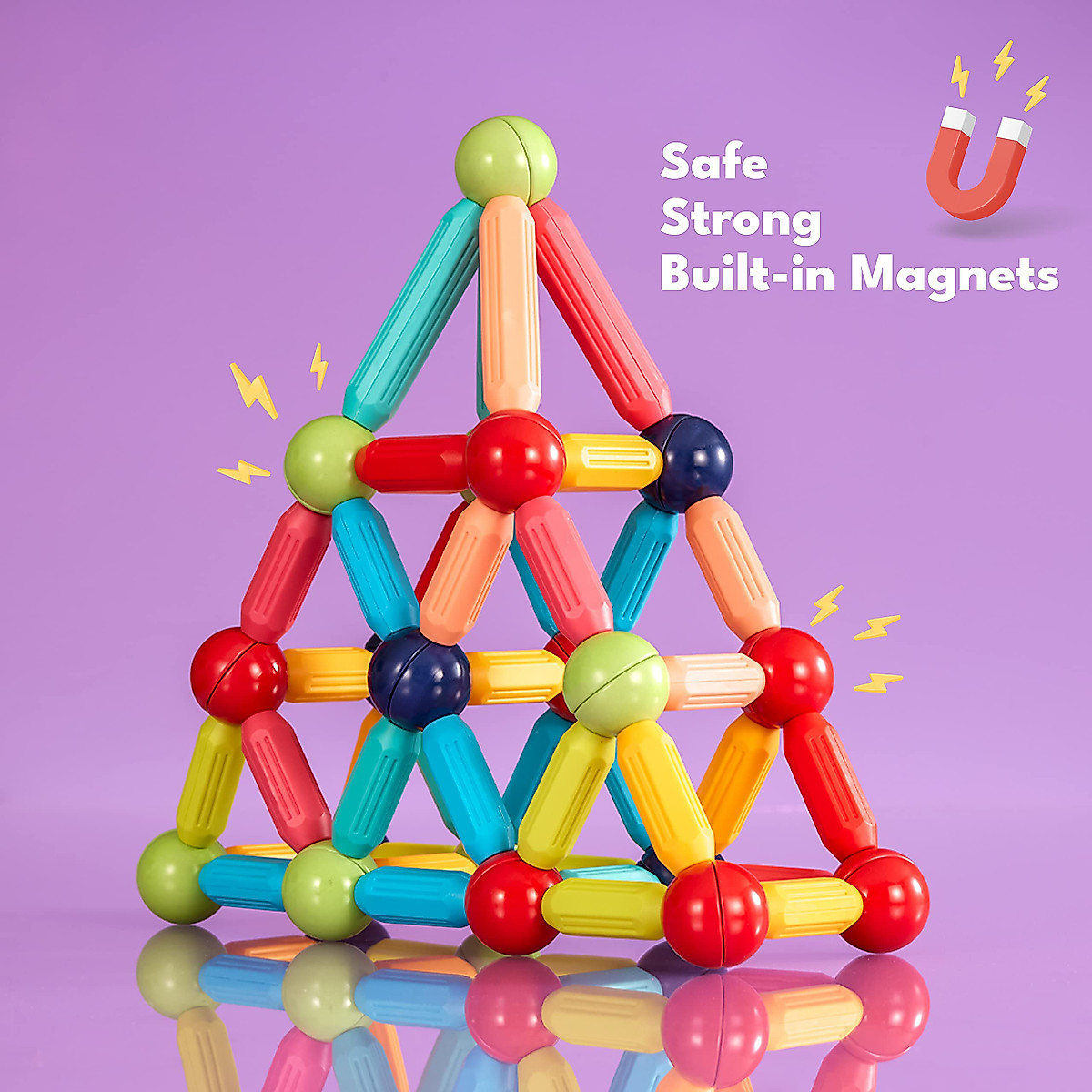 BrainSpark 64PCS DigitBuilders, Fun & Educational Magnetic Building Sticks and Balls for Kids STEM Learning, Montessori Preschool Toys