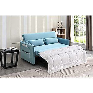 DHHU, Convertible, Modern Adjustable Pull Lounge Chair with 2 Side Pockets and 2 Pillows, Sleeper Home Office, Living Room, Blue Sofa Bed
