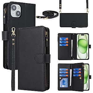 Jaorty Crossbody Phone Case for iPhone 15 Plus with Strap Lanyard,for iPhone 15 Plus Wallet Case for Women with Card Holder,Zipper Pocket Magnetic Flip Leather Case,6.7" Black