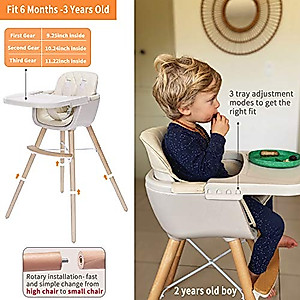 3-in-1 Convertible Wooden High Chair,Baby High Chair with Adjustable Legs & Dishwasher Safe Tray, Made of Sleek Hardwood & Premium Leatherette,Cream Color