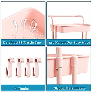 danpinera 3 Tier Rolling Utility Cart with Hooks & Handle Storage Organization Shelves for Kitchen, Bathroom, Office, Library, Coffee Bar Trolley Service Cart, Pink