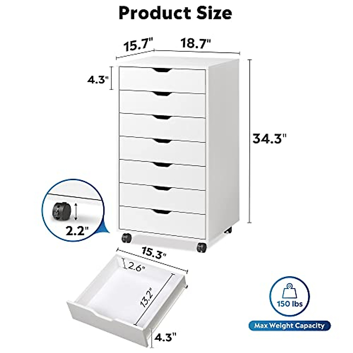 DEVAISE 7-Drawer Chest, Wood Storage Dresser Cabinet with Wheels, White