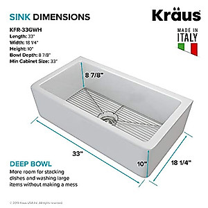 Kraus KFR1-33GWH Turino 33-inch Fireclay Farmhouse Apron Reversible Single Bowl Kitchen Sink with Bottom Grid in, White Color