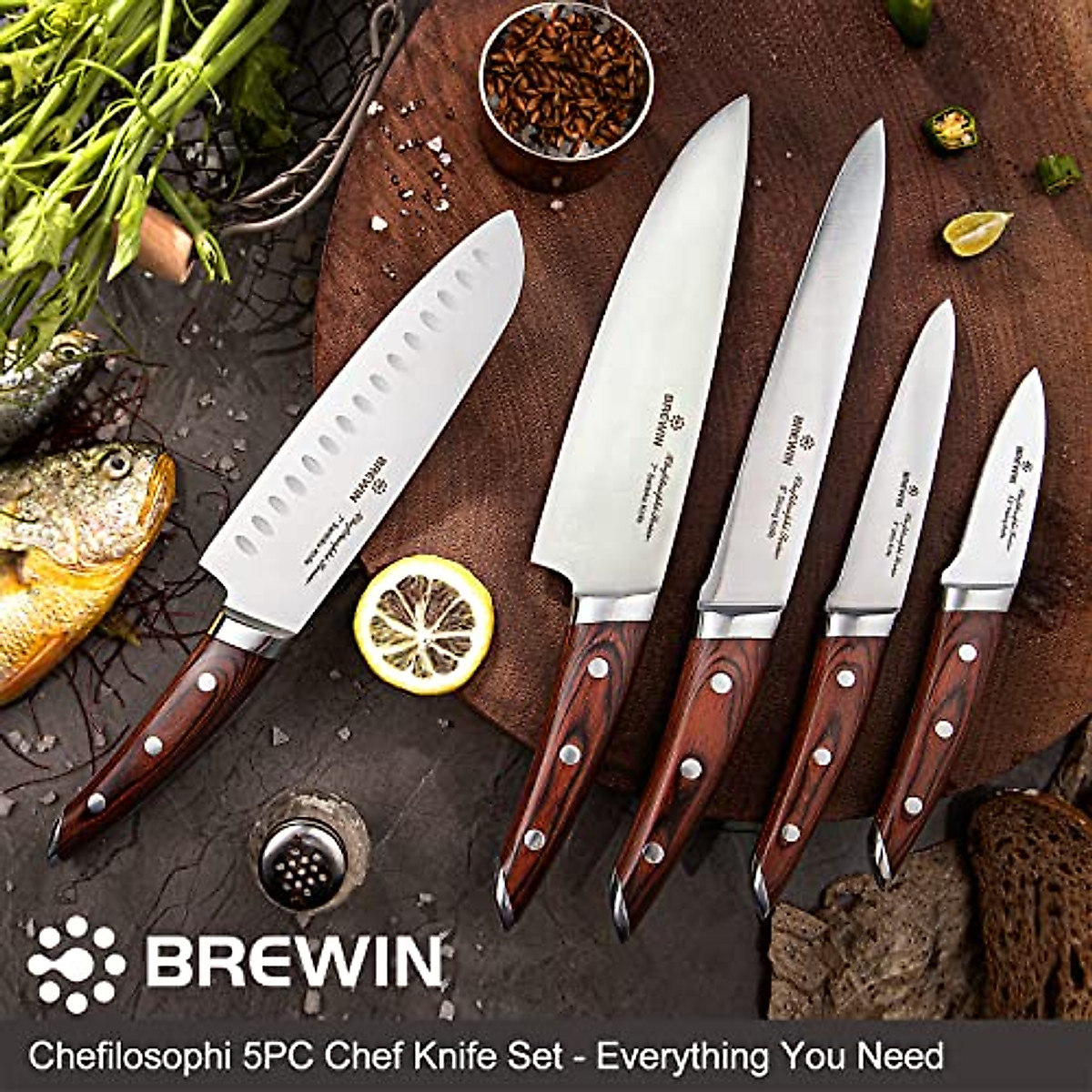 Brewin CHEFILOSOPHI Chef Knife Set 5 PCS with Elegant Red Pakkawood Handle Ergonomic Design,Professional Ultra Sharp Kitchen Knives for Cooking High Carbon Stainless Steel Japanese Chef's Knife