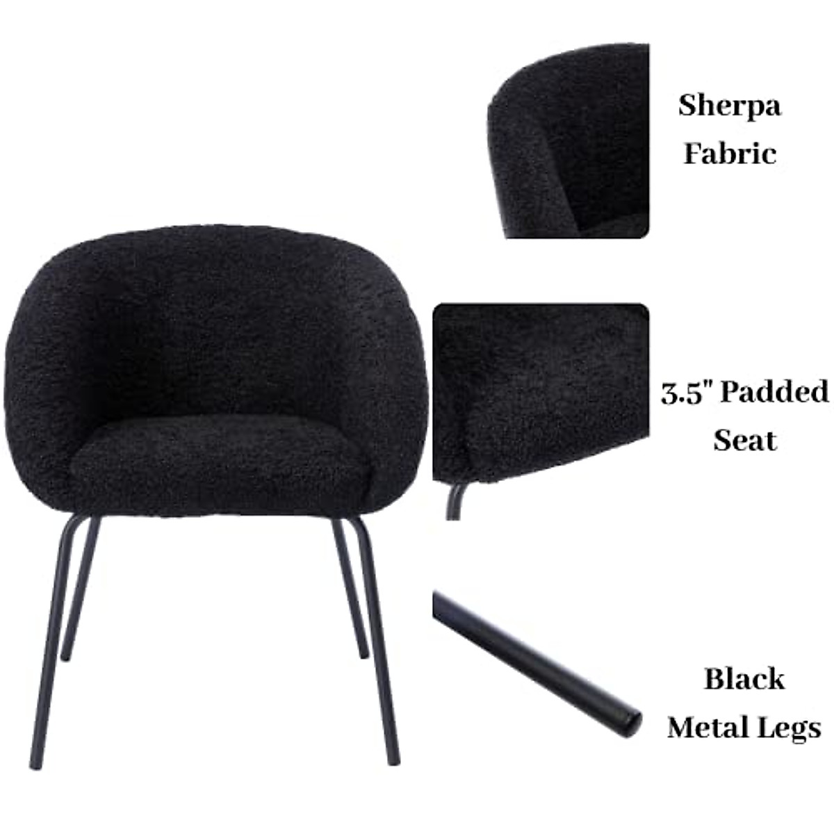 LukeAlon Modern Sherpa Accent Chairs Set of 2, Upholstered Armchairs with Black Metal Legs Comfy Barrel Back Dining Chairs Boucle Vanity Chair for Kitchen Living Room, Black