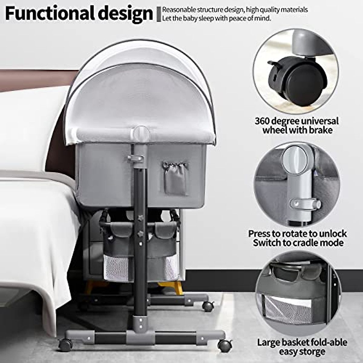 YADAQE Baby Bassinet, Baby Basinet Bedside Sleeper, Easy to Fold Portable Crib Side Bassinet 2023new Style Girl/boy bassinets (Gray)