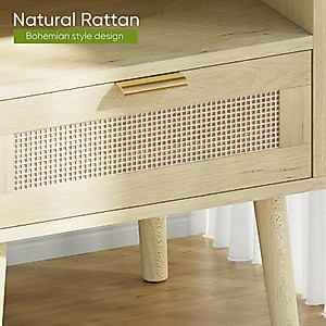 Smart FENDEE Rattan Nightstand, Boho Side Table with Drawer Open Shelf, Wood Accent Bedside End Table for Small Places, Bedroom, Natural Oak