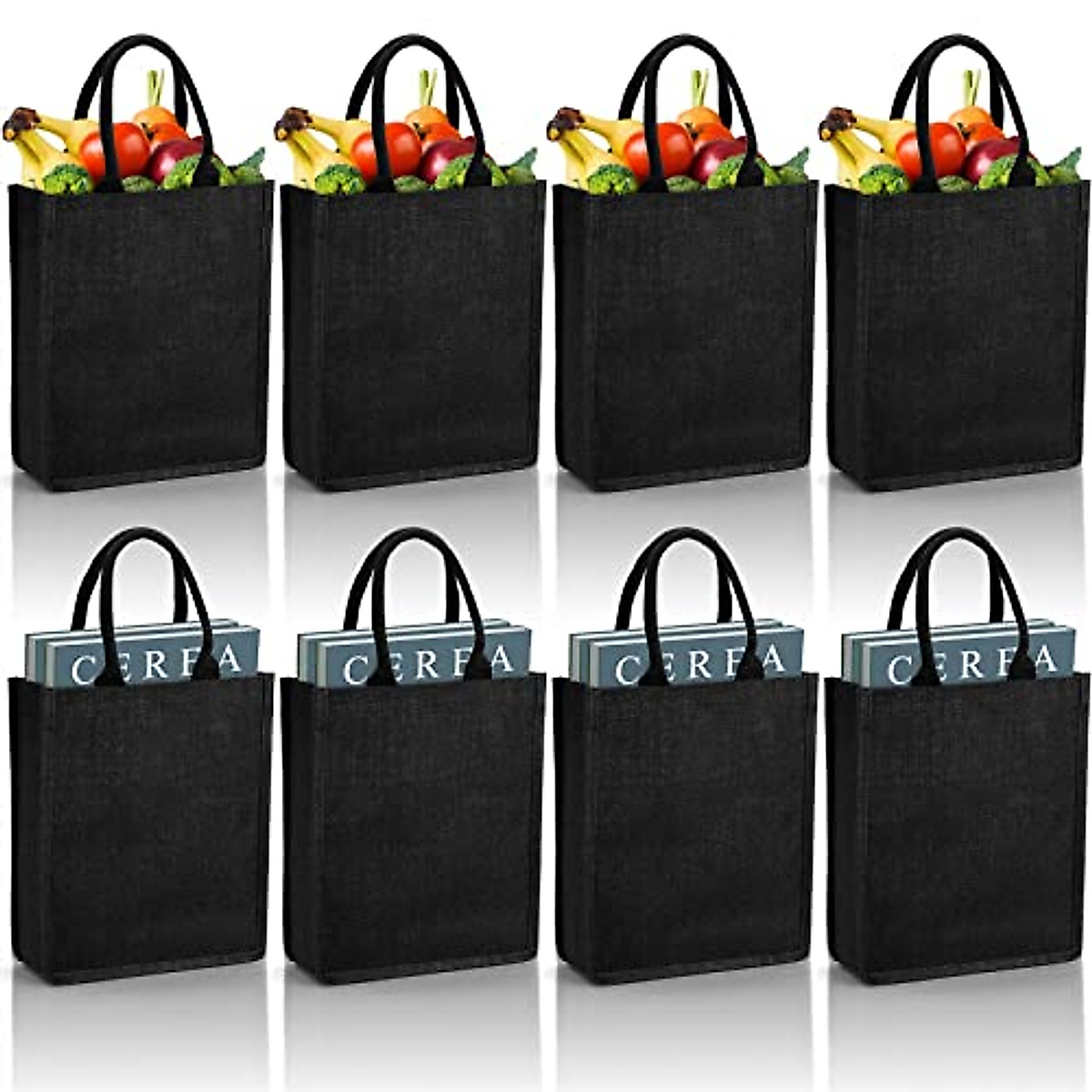 DEAYOU 8 Pack Jute Burlap Tote Bag, Burlap Gift Bag with Handle, Jute Beach Tote Laminated Interior, Reusable Lined Grocery Shopping Bag for Bridesmaid, DIY, Wedding,9.8''x11.8''x3.9'', Black