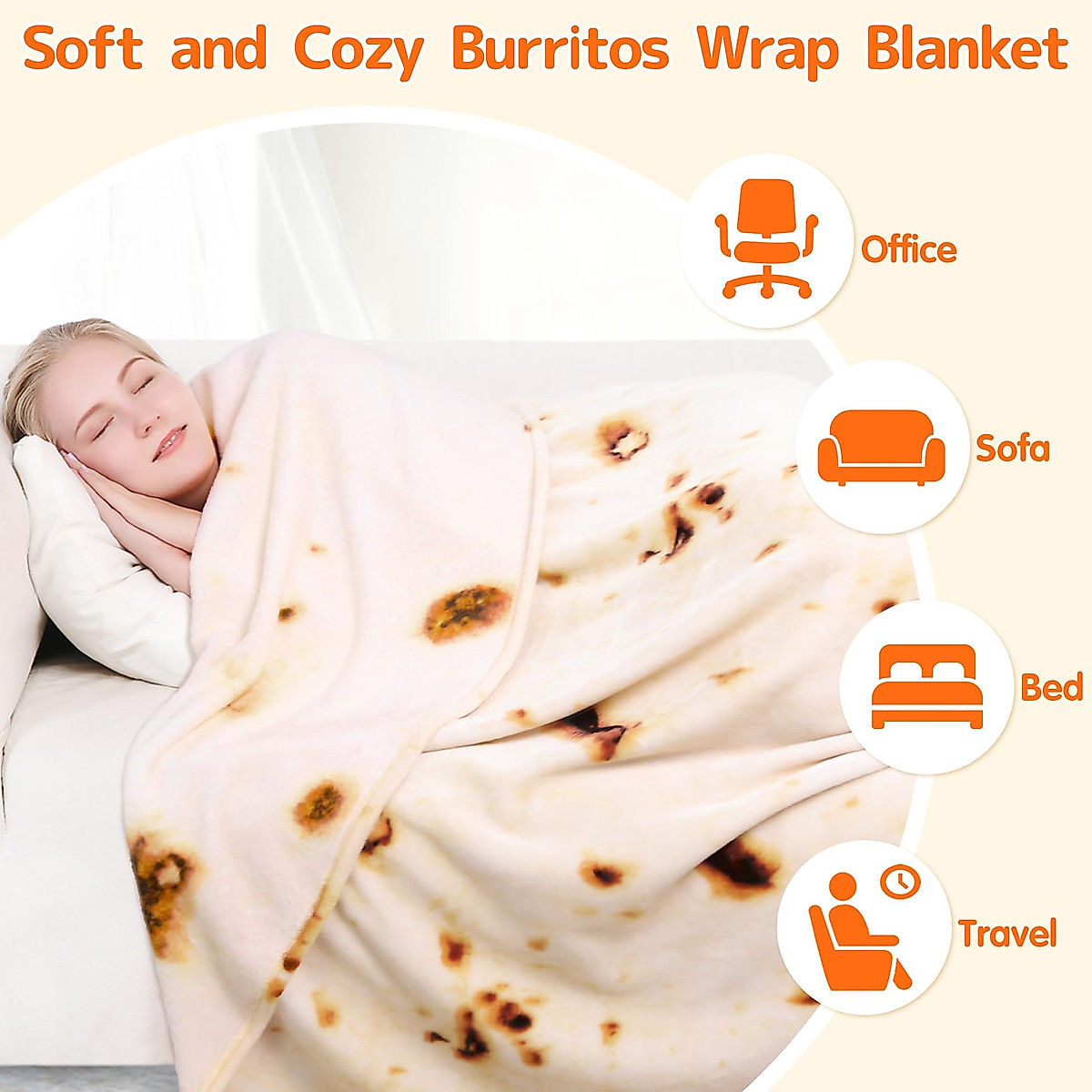 CASOFU Burritos Tortilla Blanket, Double Sided Giant Flour Tortilla Throw Blanket, Novelty Tortilla Blanket for Your Family, 285 GSM Soft and Comfortable Flannel Taco Blanket. (Beige, 71 inches)
