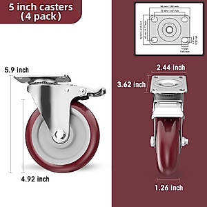 5 Inch Casters Set of 4 Heavy Duty - Caster Wheels, CLOATFET Locking Casters, Swivel Casters with Brake (Top Plate), Double Ball Bearing Non Marking Castor Wheels for Cart Furniture Workbench