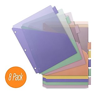 Double Pocket Index Dividers, with Multicolor Large Insertable Tabs, Hole Punched for Use with 3 Ring Binders - 8 Pack
