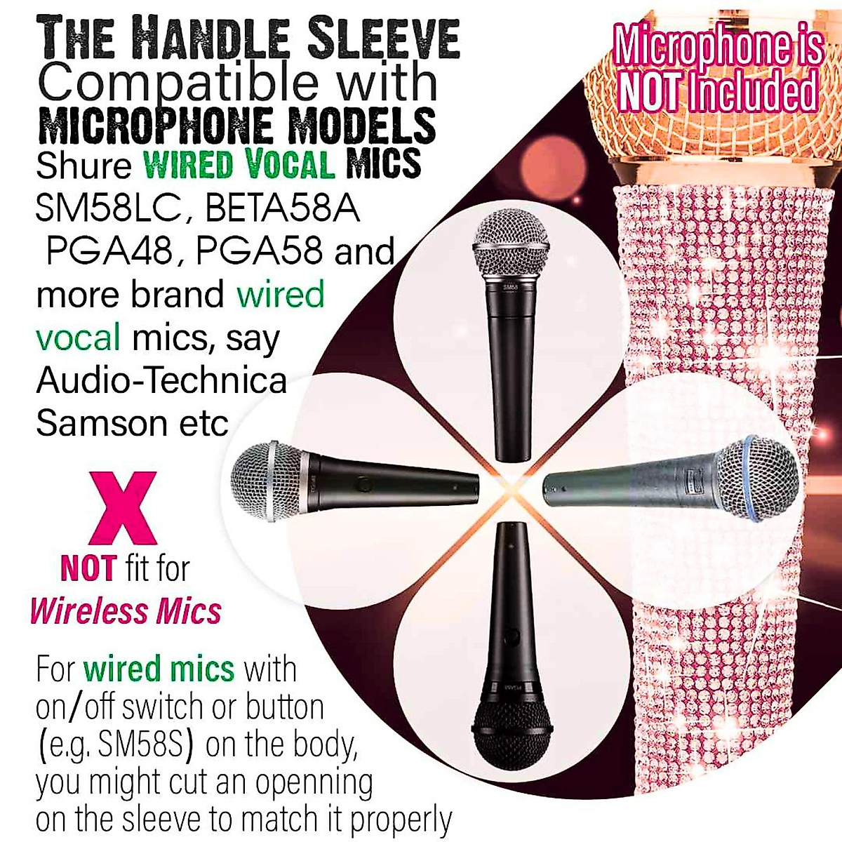 RhymKawa B58 Sparkle Rose Gold Rhinestone Mic Sleeve Replacement for Wired Vocal Microphone Decorative Shining on Tours TV Shows (Mic Not Included)