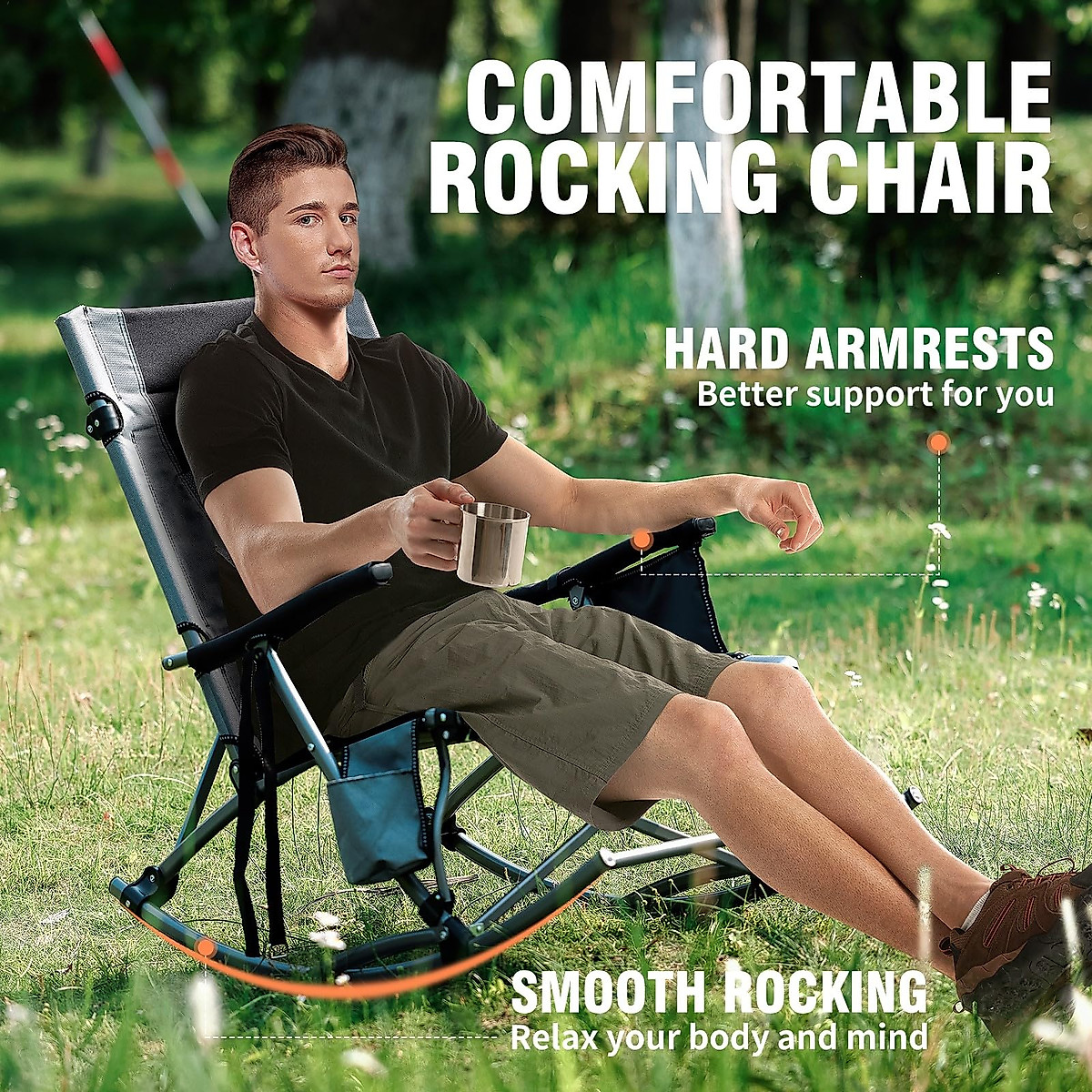 Homcosan Folding Rocking Camping Chair Portable Oversized Padded Rocking Chair with Footrest Folding Chairs for Outside with Pillow for Patio, Garden, Lawn, Supports 400 lbs