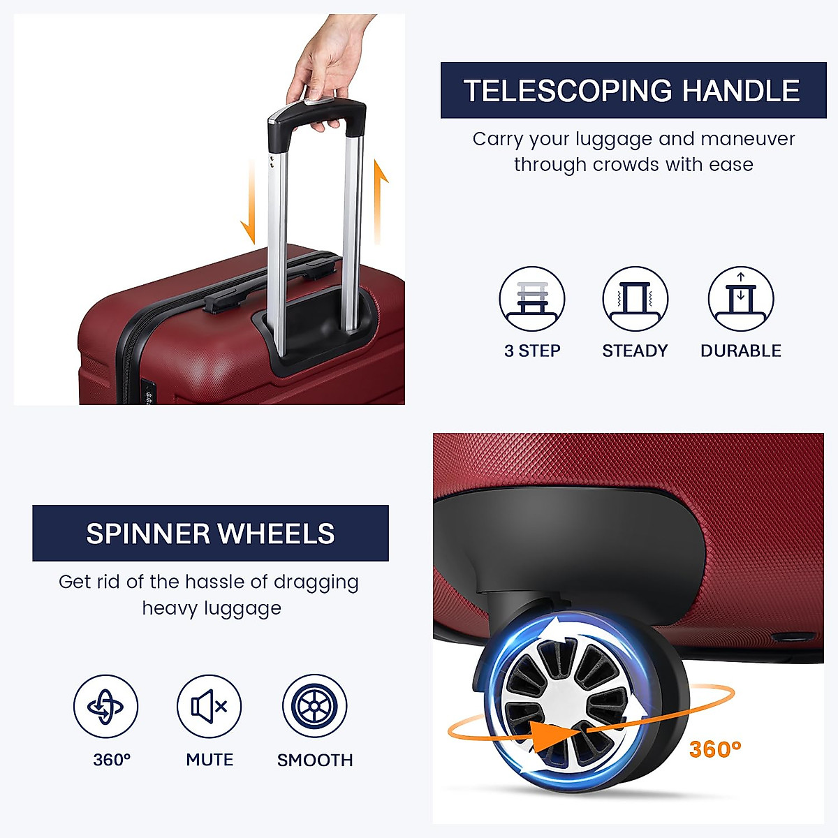 YEMENREN Luggage Sets Hardside Lightweight Suitcase with Spinner Wheels TSA Lock, 3-Piece Set (20/24/28), Red