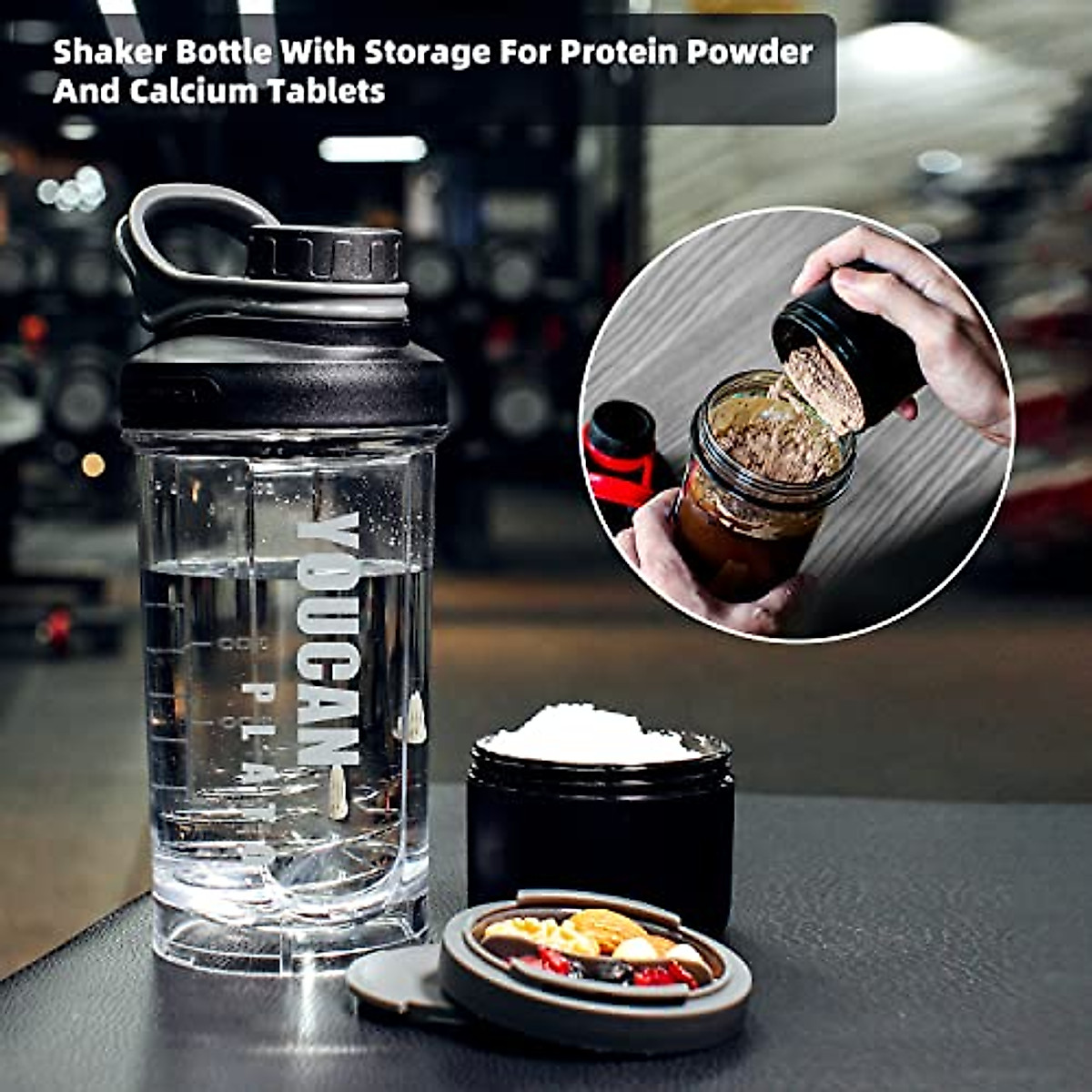 21oz Protein Shaker Bottle with Powder Storage Container-Shaker Cups for Protein Shakes-pre workout bottle-Mixer Cup-Gym Sport Water Bottle -Made with Tritan BPA Free,with Wire Whisk Balls (Black)