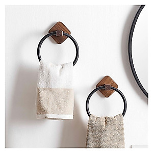 JiNks Towel Rack Aluminum+Wood Towel Ring, Hand Towel Holder for Bathroom, Towel Rack Hanger for Kitchen Wall Mount Heavy Duty Storage (Color : Black)