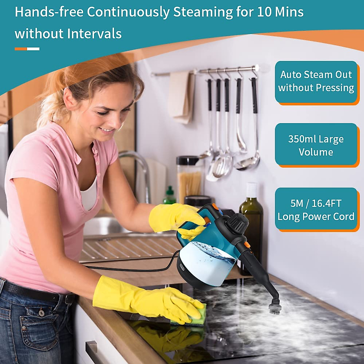 Handheld Steam Cleaner for Home Use, with Steam Lock Button & 10-Piece Accessory Set, Pressurized Steam Cleaner Hand Held, Portable Steamer for Cleaning Car, Tile Grout, Upholstery, Furniture, Shower