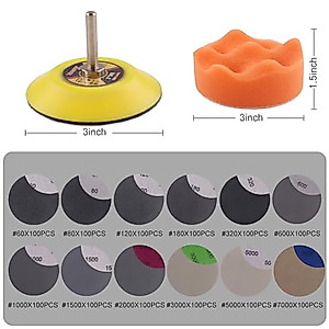 MAXMAN 3 Inch Sandpaper (75mm) Silicon Carbide Wet/Dry Hook & Loop Sanding Discs Assorted 600/800/1000/1500/2000/3000/5000/7000Grit with 1/4 Shank Sanding Pad &Sponge Polishing Pad(84pcs)