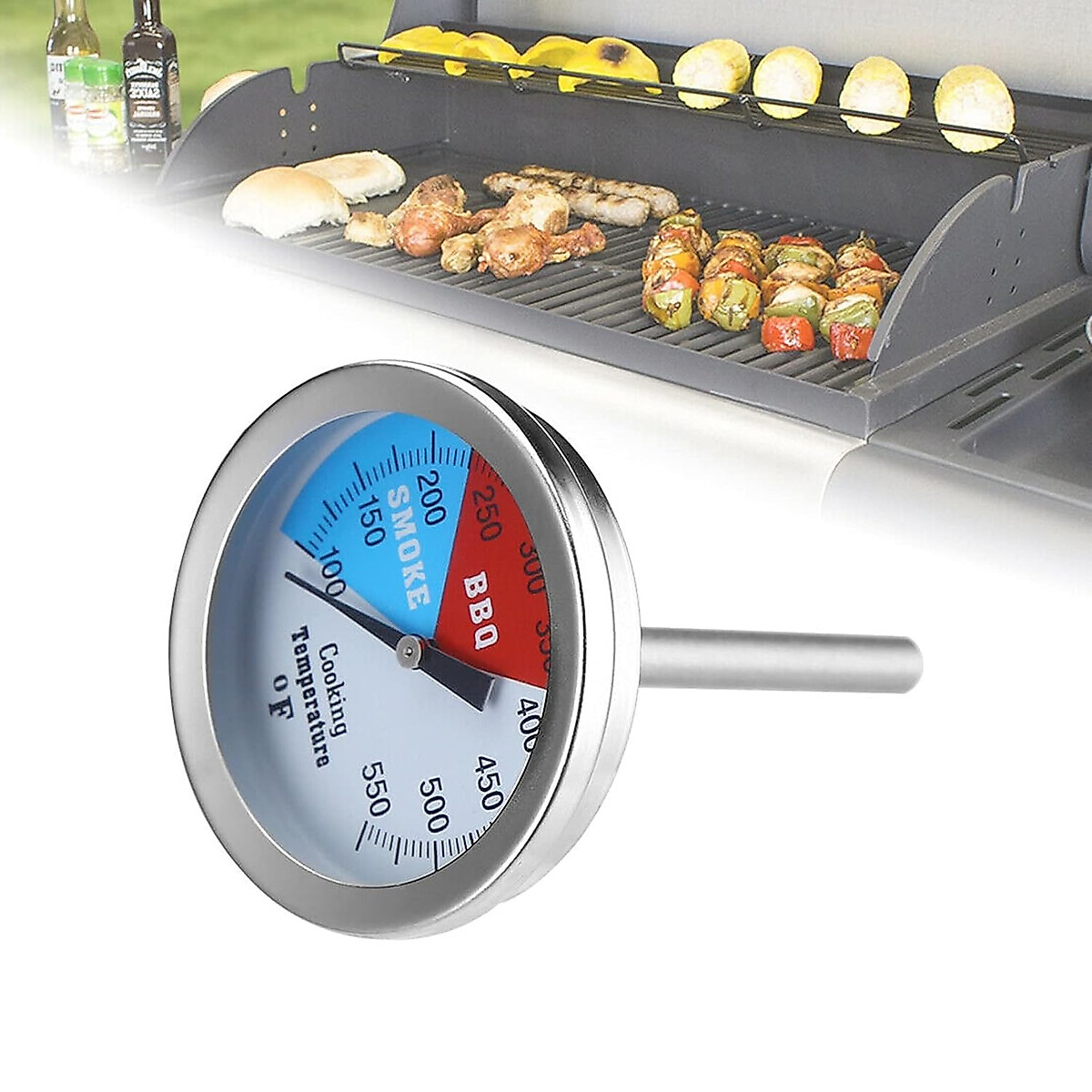 1Pc Silver BBQ Thermometer Gauge Kitchen Oven Smoke Grill Thermometer 3 Color-Coded Zones Grill Wood Charcoal Temperature Gauge Quick Response Stainless Steel with Large Dial Metal Grill Thermometers