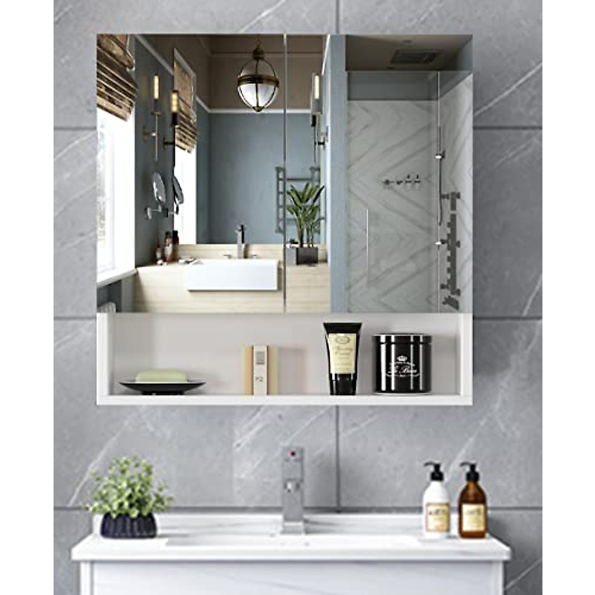 Bathroom Medicine Cabinet with Adjustable Shelf and Double Mirror Doors, Wooden Wall Mirror Cabinet Multipurpose Storage Organizer Bathroom, Living Room, White, 20.9 x 5.1 x 22.8 in