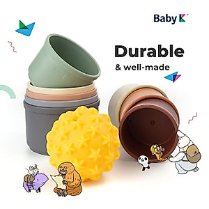 BABY K Baby Stacking Cups Toy (9 Pieces) - Silicone Stacking Cups for Babies 6-12 Months - Nesting Cups Baby Toy with Sensory Baby Ball Toy and Growth Journal - Stackable Cups for Baby Motor Skills