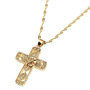 Gold Color Flower Leaf Cross Pendant Necklace Jewelry Eterner Life Flower Religious Jewelry
