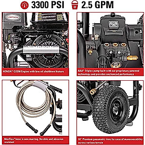 SIMPSON Cleaning PS3228 PowerShot 3300 PSI Gas Pressure Washer, 2.5 GPM, Honda GX200 Engine, Includes Spray Gun and Extension Wand, 5 QC Nozzle Tips, 5/16-inch x 25-foot MorFlex Hose