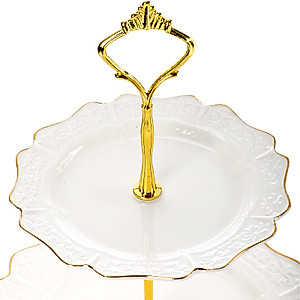 Lyellfe 3 Tier Ceramic Cupcake Stand, White Embossed Dessert Cake Stand with Gold Rim, Decorative Tea Party Serving Platter, Tea Sandwich Tray for Party, Wedding, Candle Light Dinner