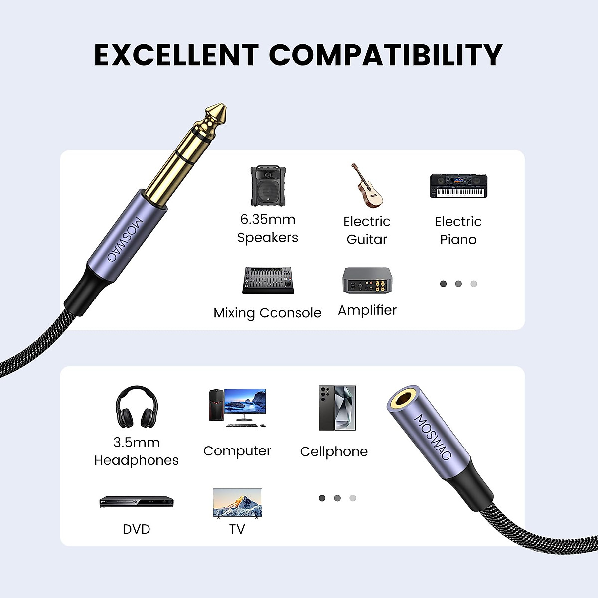 MOSWAG 6.35mm 1/4 inch to 3.5mm 1/8 inch Headphone Jack Adapter 3.28FT/1Meter,1/8 Female to 1/4 Male Extension Cable,3.5 to 6.35 Audio Cable for Mixer Guitar Piano Amplifier Speaker and More