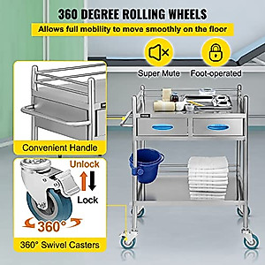 VEVOR Lab Serving Cart Utility Cart Stainless Steel Medical Cart with Two Drawers for lab Equipment Use Grade I Stainless Steel Utility Services (2 Shelves/ 2 Drawer)