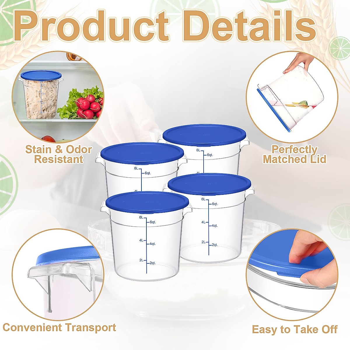 Suclain 4 Pcs 6 Quart Food Storage Container with Lids Clear Proofing Containers with Scale Handle for Bread Dough Rise Home Restaurant Food Storage(Blue)