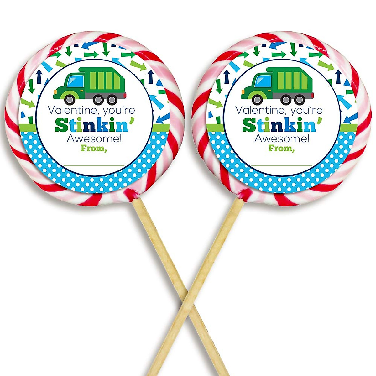 Garbage Truck Vehicle-Themed Valentine Party Favor Sticker Labels, 40 2" Party Circle Stickers by AmandaCreation, Great for Classroom Valentines, Envelope Seals, Gifts & Treats